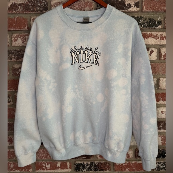 Nike | Sweaters | Gildan Custom Nike On Fire Swoosh Light Blue Bleach ...